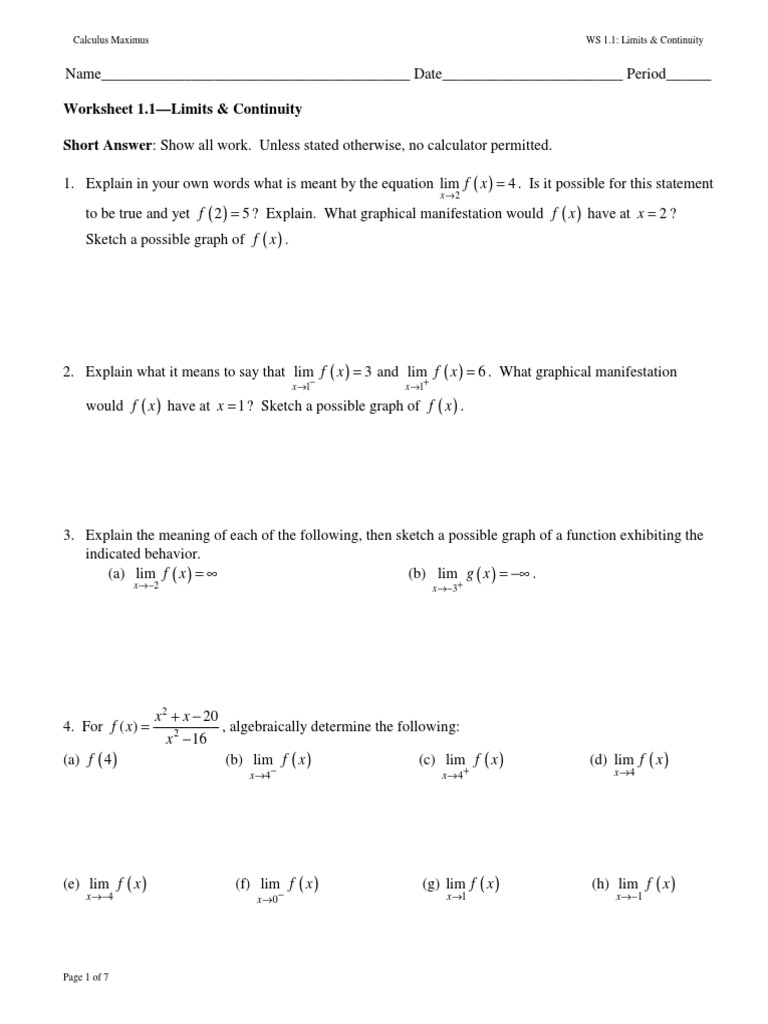 Ws 01 1 Limits And Continuity Pdf Continuous Function Function Mathematics