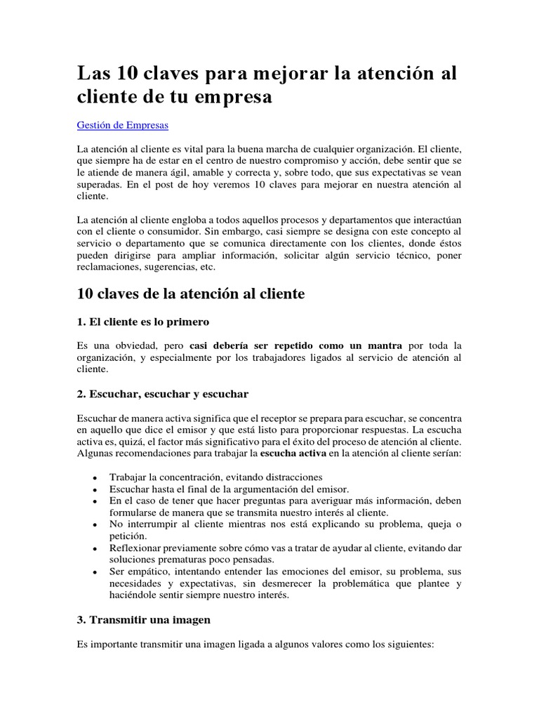 Las 10 Claves para Mejorar La Atención Al Cliente de Tu Empresa | PDF | Servicio al Cliente ...