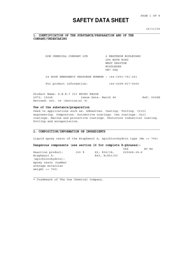 Dow-Der 331, Msds | PDF | Dangerous Goods | Polyvinyl Chloride