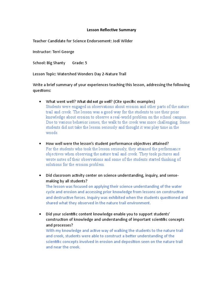 WW Lesson 2 Reflection | PDF | Science | Understanding
