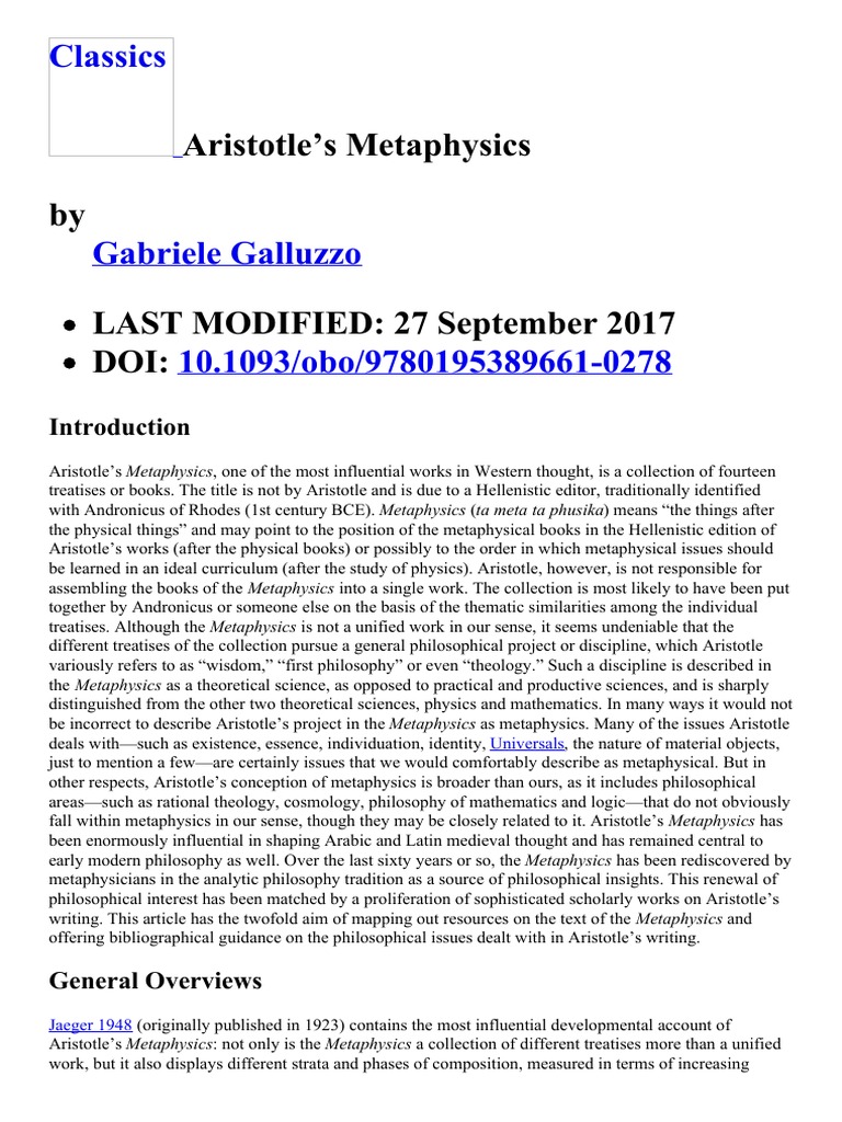 Overview of Aristotle's Metaphysics | PDF | Metaphysics | Aristotle