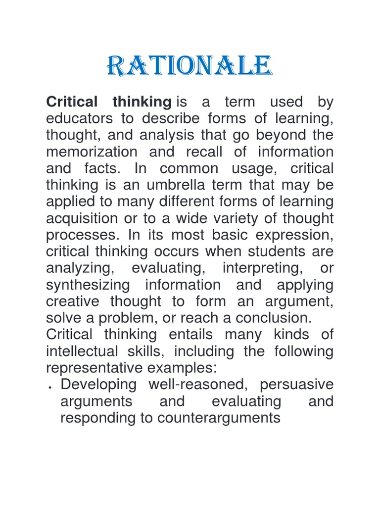 Rationale: Critical Thinking Is A Term Used by | PDF | Critical ...