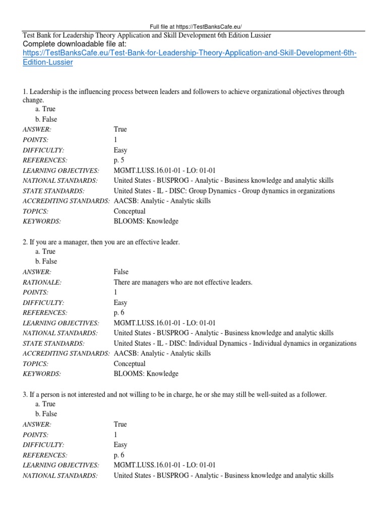 Test Bank For Leadership Theory Application and Skill Development 6th ...