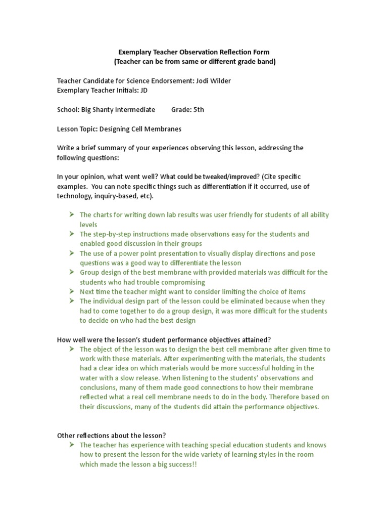 Exemplary Teacher Observation Reflection Form Wilder J 5-16-17 | PDF