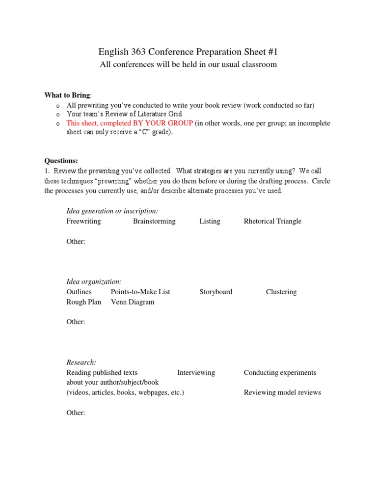 Conf Prep Sheet 1 Prewriting | PDF