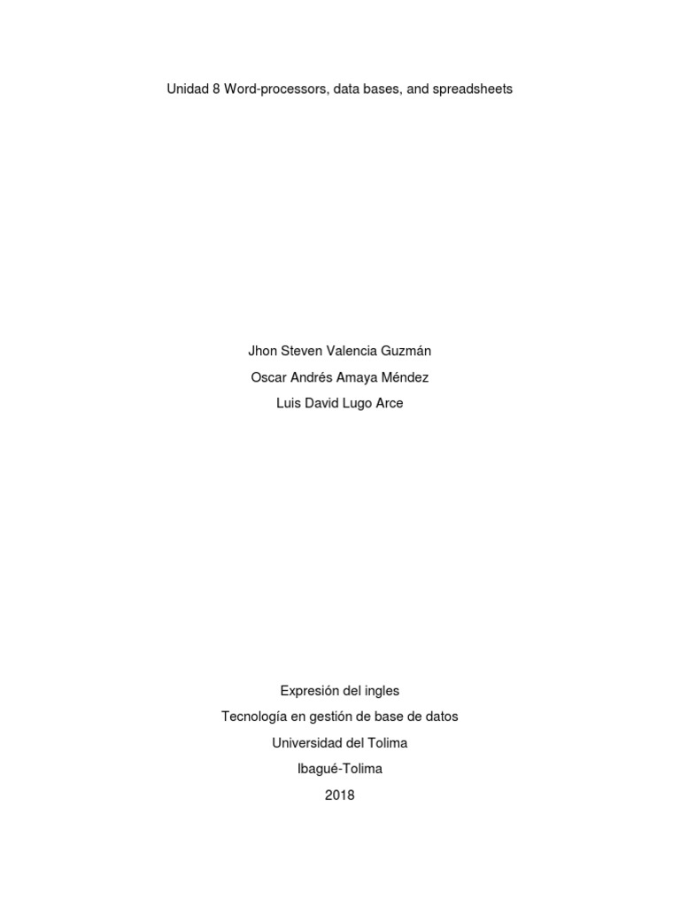 Unidad 8 Word-Processors, Data Bases, and Spreadsheets | PDF | Spreadsheet | Word Processor