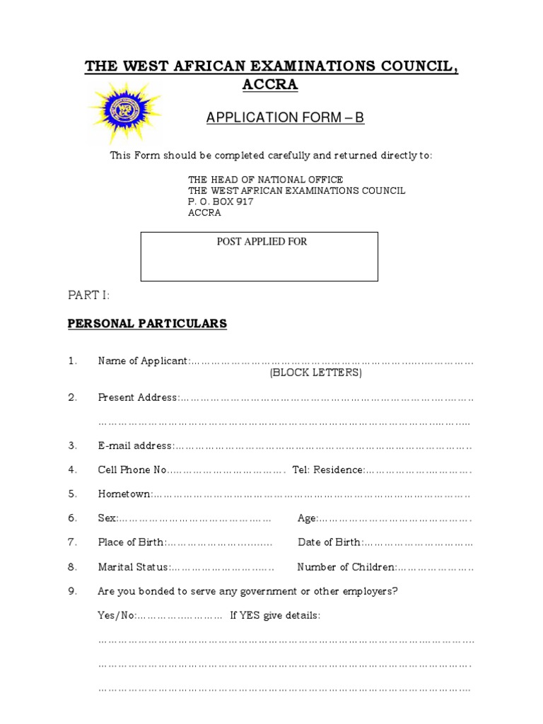 The West African Examinations Council, Accra: Application Form - B | PDF