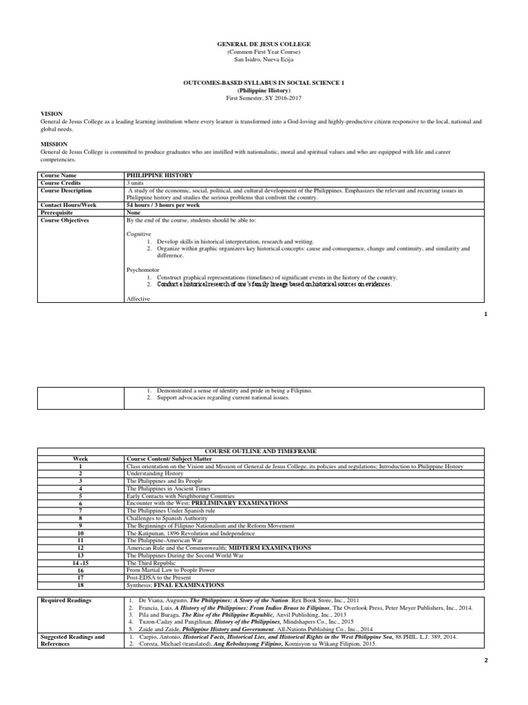 Mr. Delgado Outcomes-Based Syllabus in Social Science 1 - Philippine History | PDF | Philippines ...