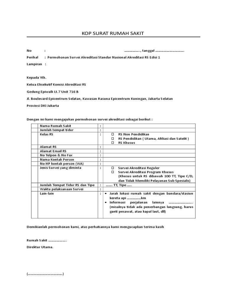 Form Surat Permohonan Survei Akreditasi SNARS Edisi 1 | PDF Form Surat Permohonan Survei Akreditasi SNARS Edisi 1 | PDF