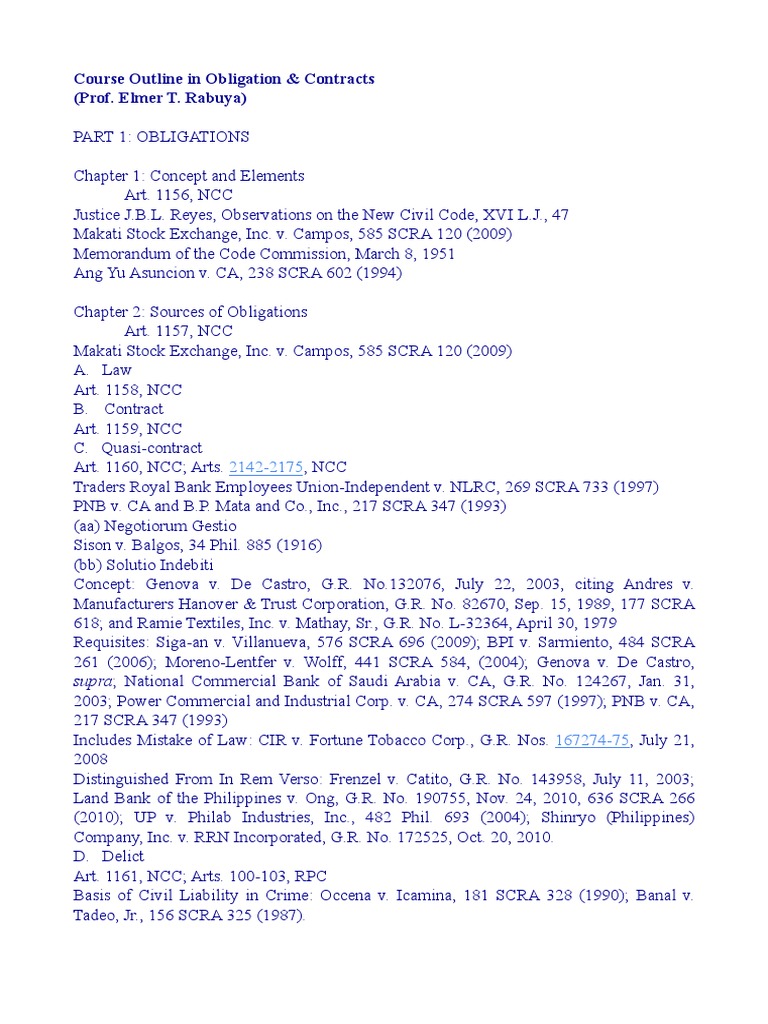 Course Outline in Obligation & Contracts (Prof. Elmer T. Rabuya) | PDF ...