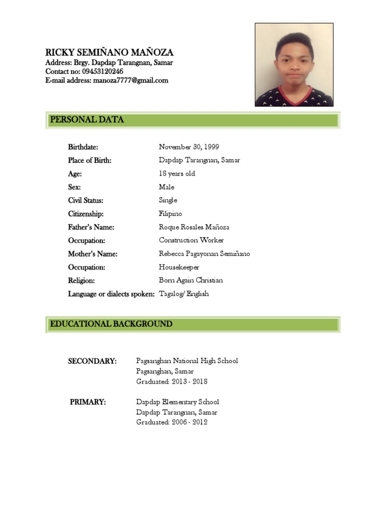 Ricky Semiñano Mañoza: Personal Data | PDF