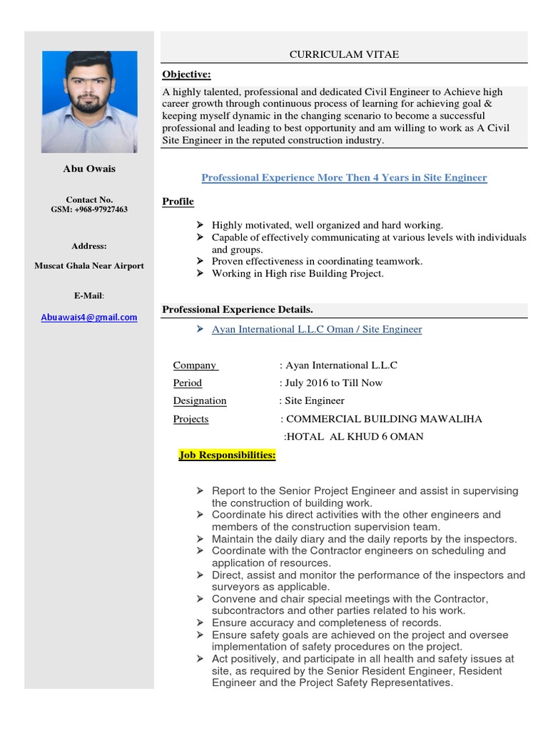 Owais CV Site Engineer | PDF | Engineer | General Contractor
