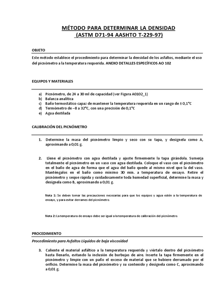 Densidad de Asfaltos (ASTM D71) | PDF | Temperatura | Agua