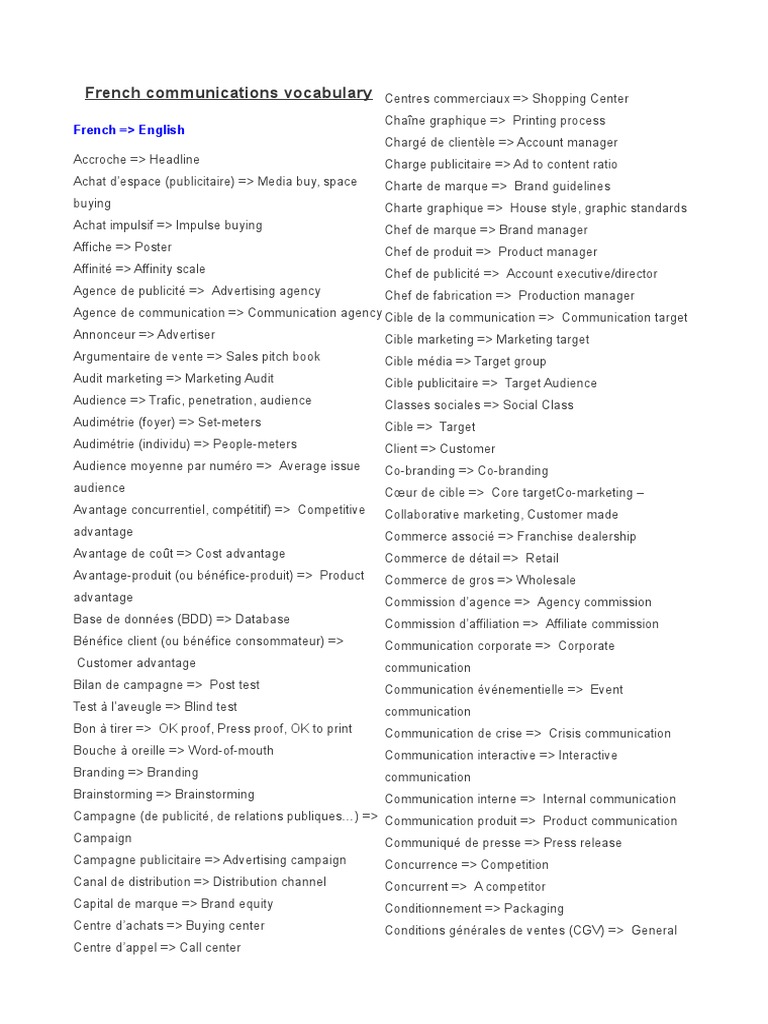 French Vocab Communications PDF List | PDF | Brand | Advertising