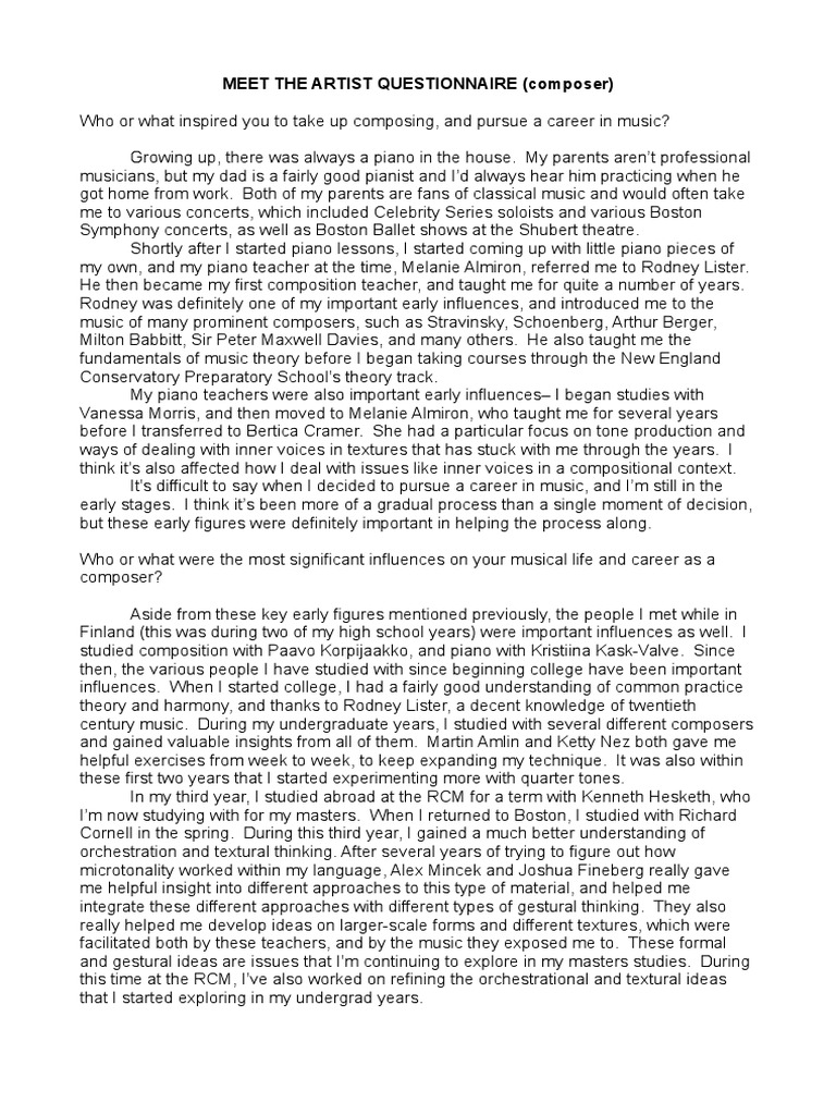 Meet The Artist Questionnaire (Composer) | PDF | Composers | Musical ...