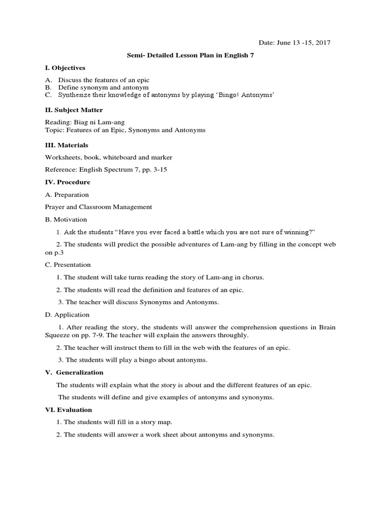 Lesson Plan: Biag ni Lam-ang Epic | PDF