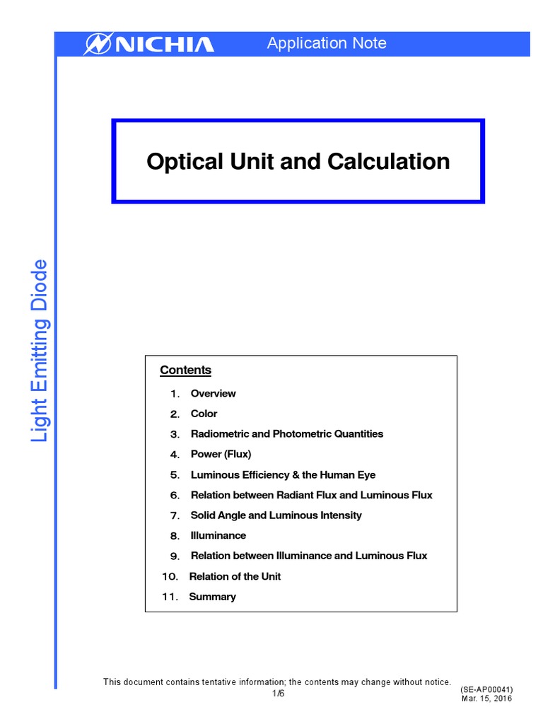 Optical Unit and Calculation: Application Note | PDF | Light | Physical ...