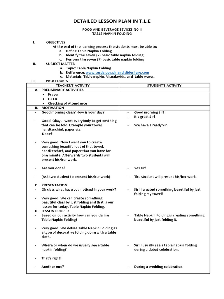 Table Napkin Folding Basics | PDF | Lesson Plan | Teaching