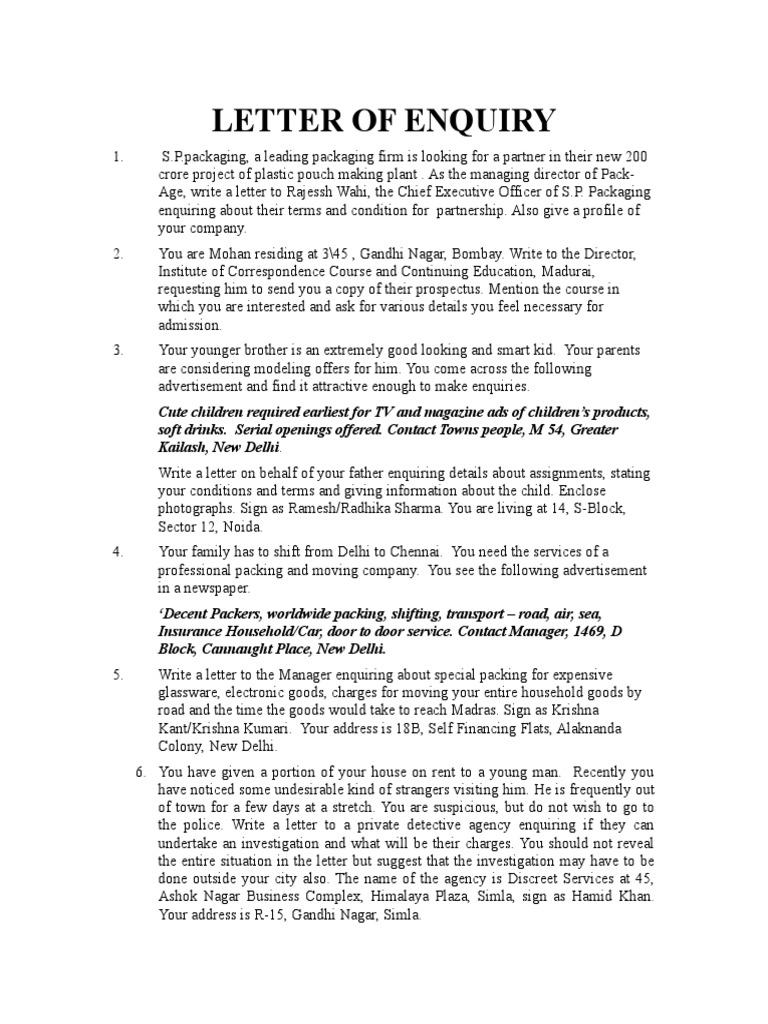 Letter of Enquiry | Download Free PDF | Delhi | Prices