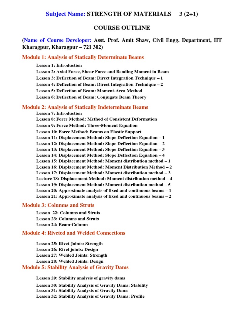 Course Outline - Strength of Material | PDF