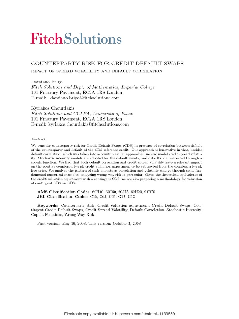 Counterparty Risk For Credit Default Swaps | PDF | Option (Finance ...