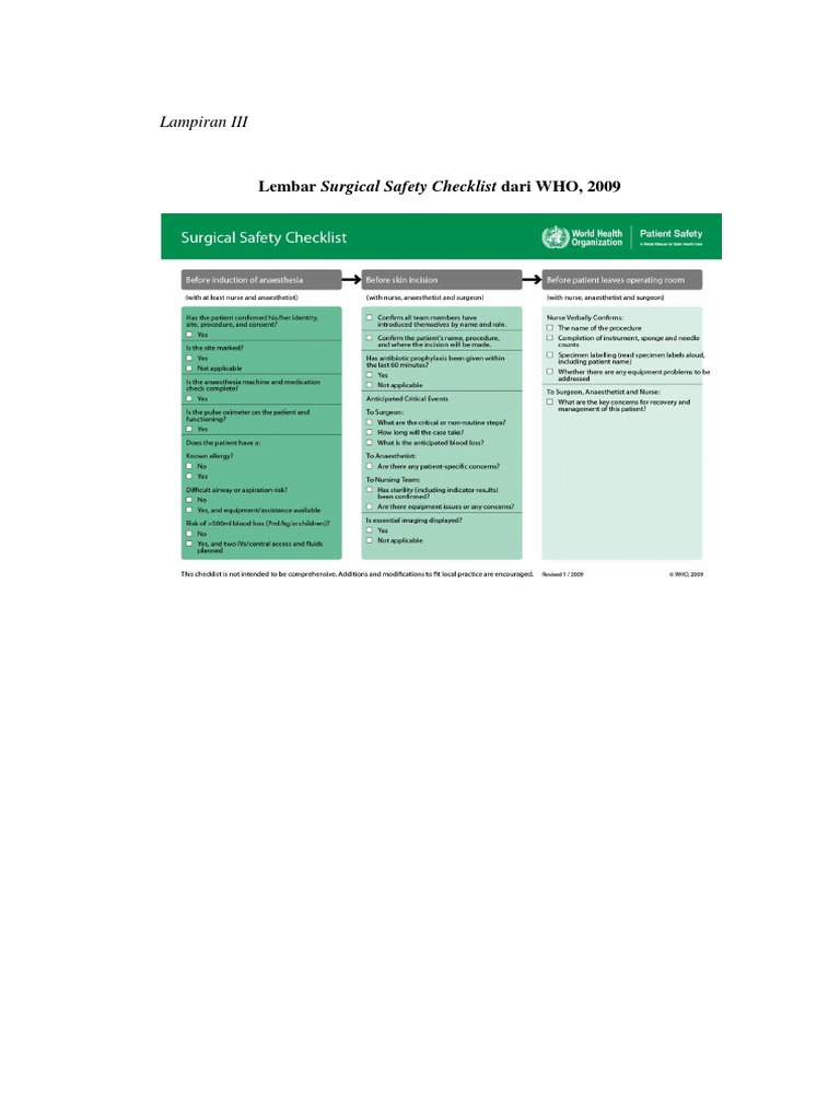 Lampiran III: Lembar Surgical Safety Checklist Dari WHO, 2009 | PDF