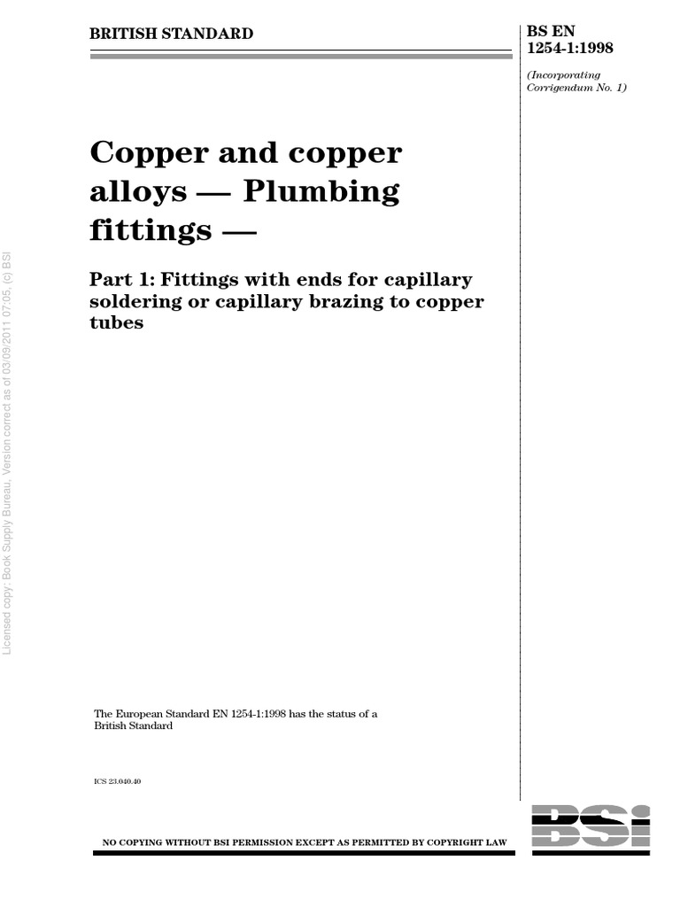 En 1254-1-1998 Copper and Copper Alloys Plumbing Fittings | PDF ...