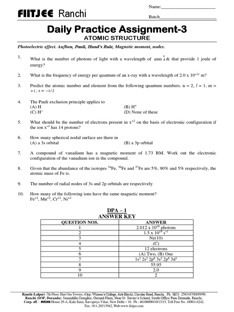 Daily Practice Assignment - 3 - Atomic Structure | PDF | Electron ...