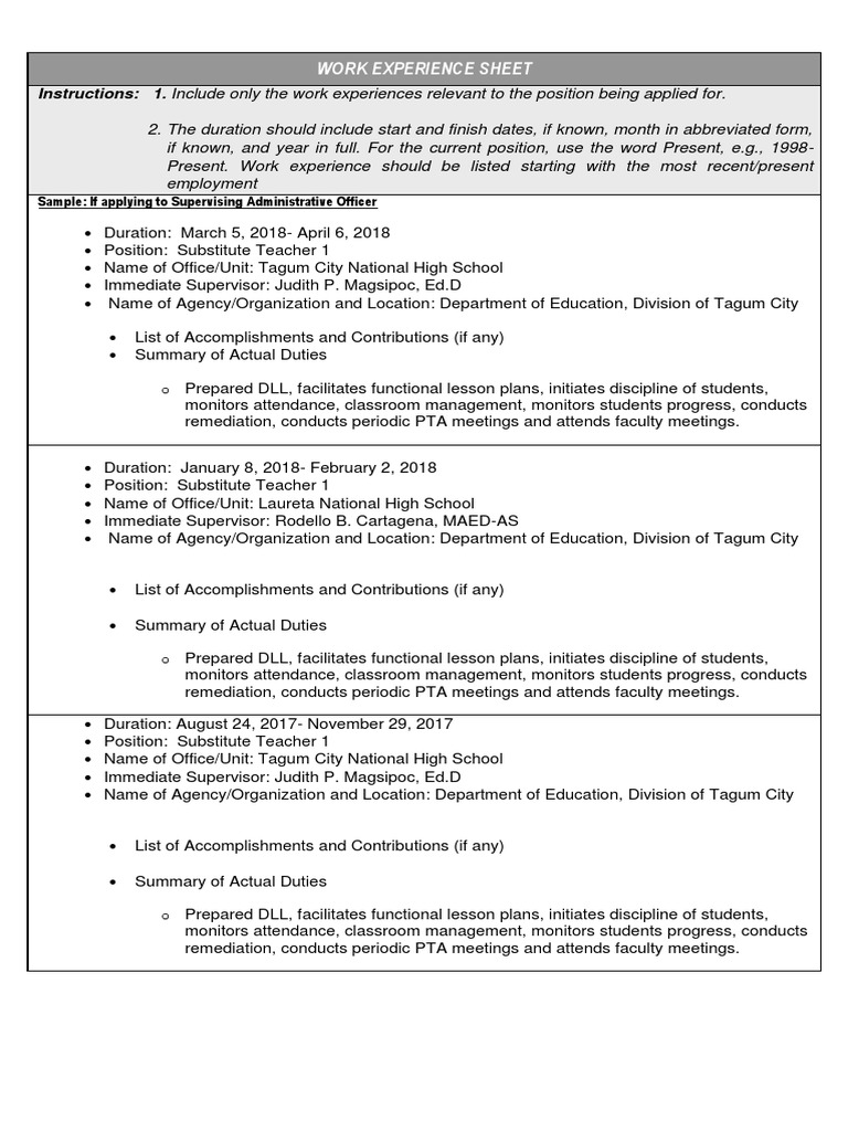 CS Form No. 212 Attachment - Work Experience Sheet | PDF | Teaching ...