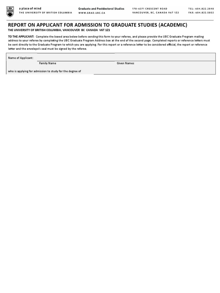 UBC Graduate Studies Reference Report | PDF | Graduate School ...