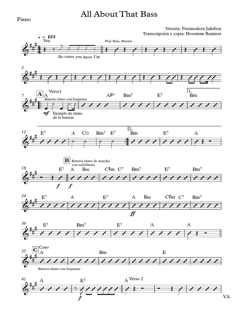 All About That Bass - Piano y Bateria (Guia) | PDF