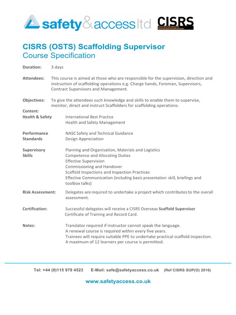CISRS Overseas 3 Day Scaffolding Supervisor PDF | PDF