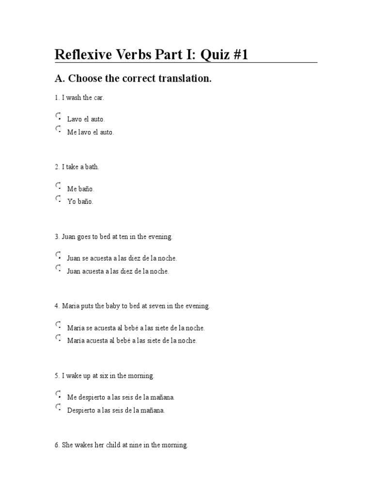Reflexive Verbs Part I: Quiz #1: A. Choose The Correct Translation ...