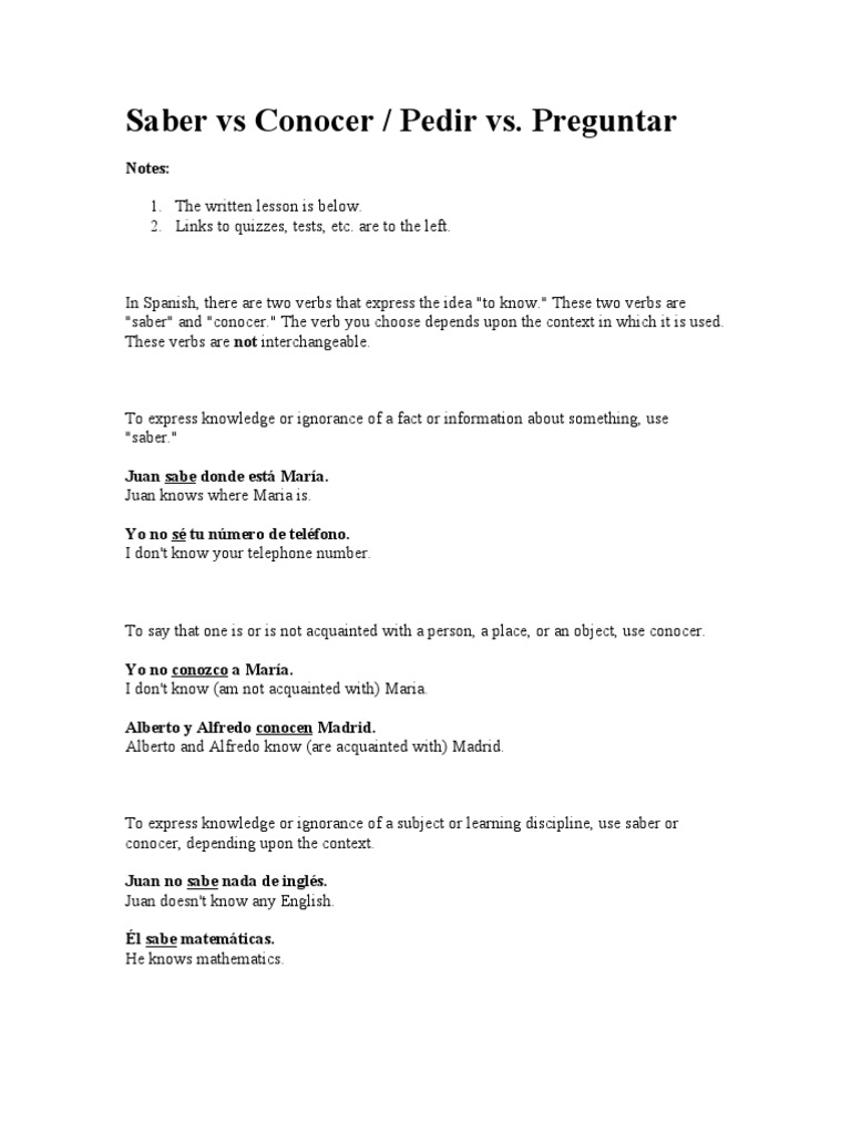 Saber vs Conocer & Pedir vs Preguntar | PDF | Question | Linguistic ...