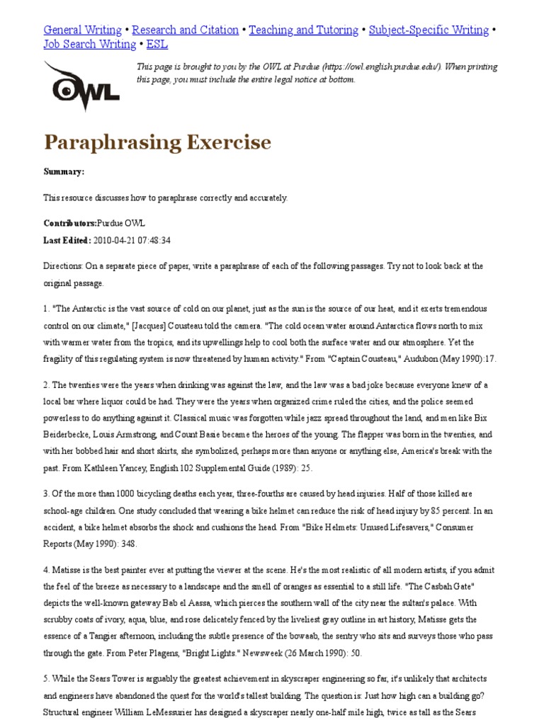 Paraphrasing Exercise | PDF