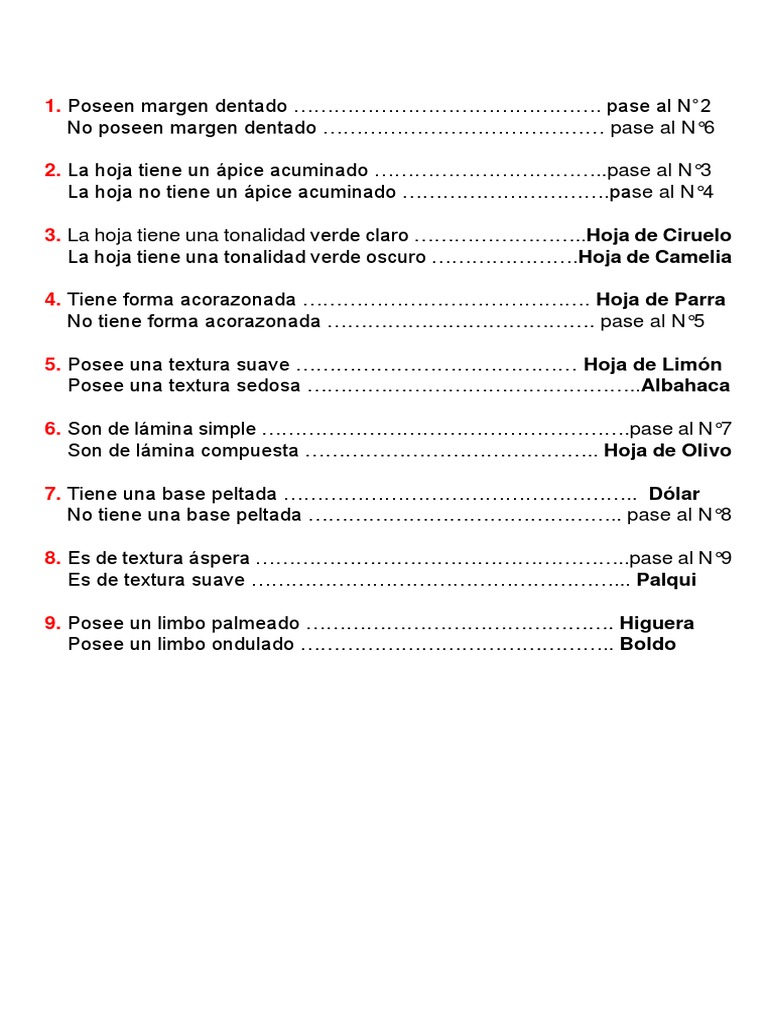 Clave dicotómica para identificar hojas | PDF | Morfología Vegetal ...
