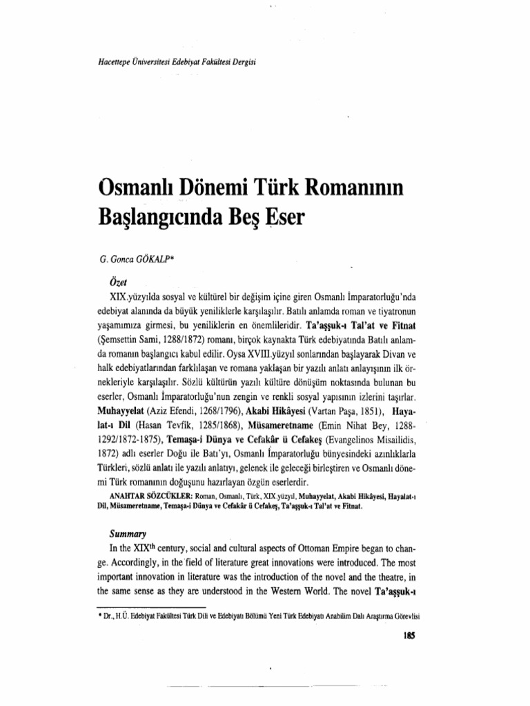 Osmanlı Dönemi Romanının Başlangıcında Beş Eser-Gonca Gökalp-M PDF | PDF