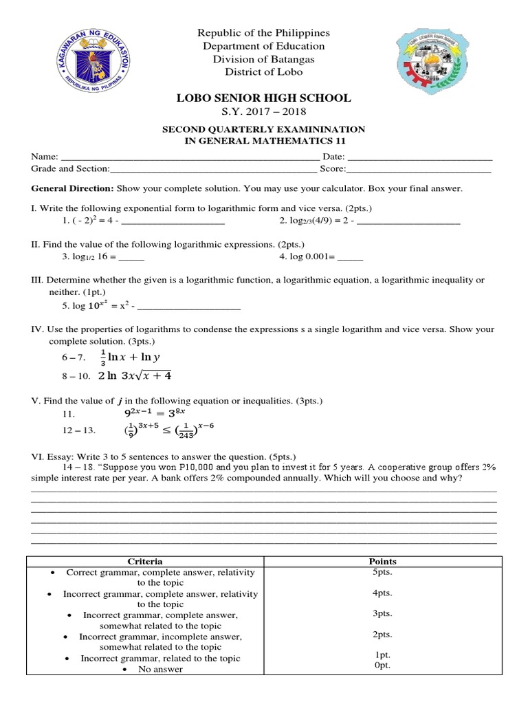 2nd Quarter Gen Math | PDF | Logarithm | Interest