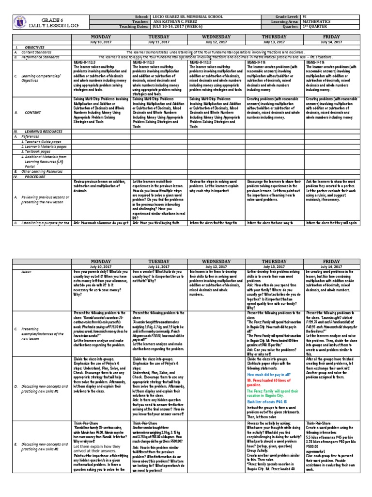 DLP Mathematics 6 q1 w6 | PDF | Multiplication | Subtraction