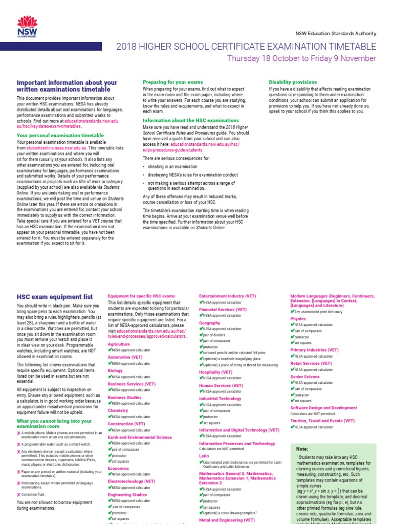 2018 HSC Written Exam Timetable Web | PDF | Test (Assessment)