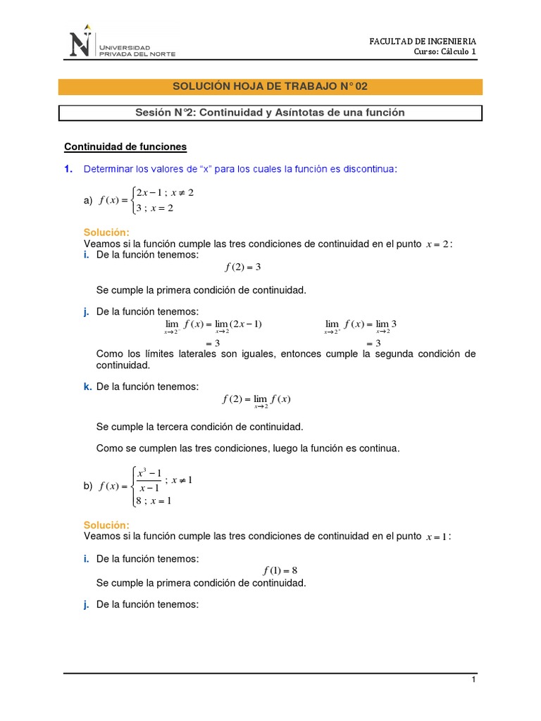 4.S2 SOL Continuidad y Asintotas 2017-1 | PDF | Asíntota | Función continua