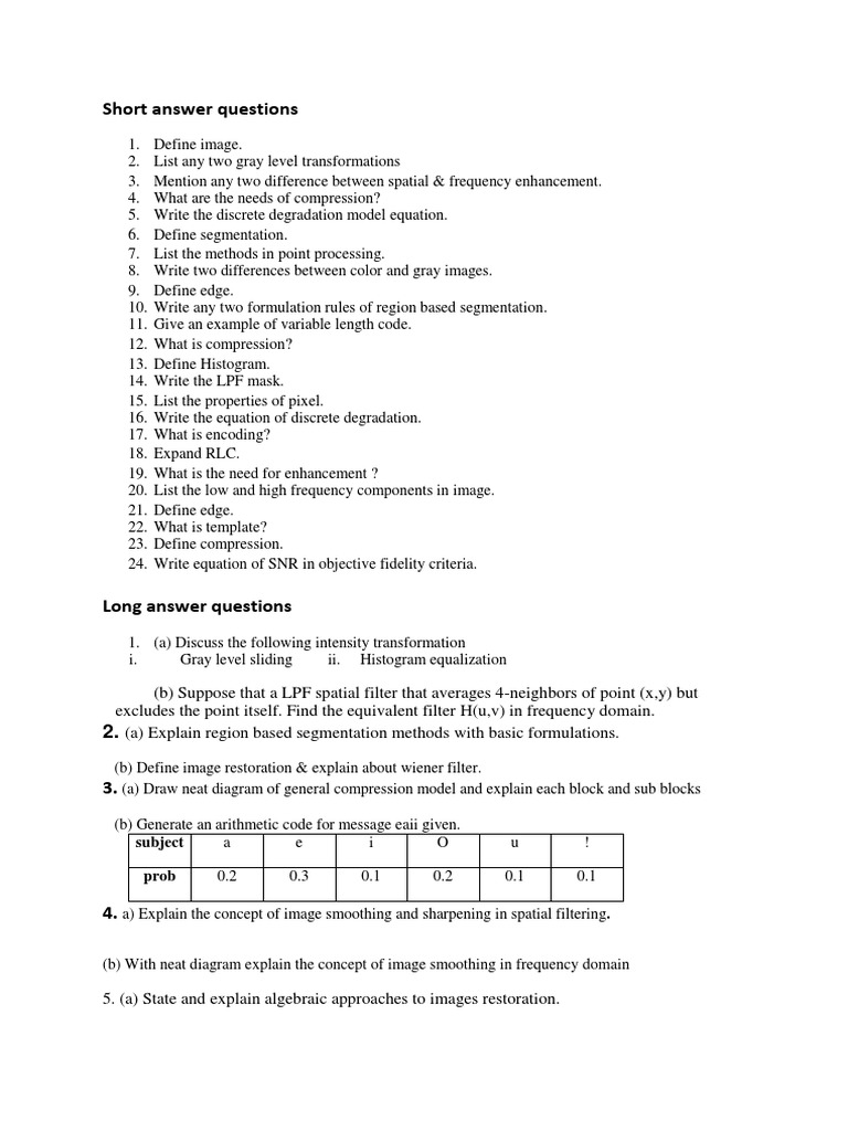 Short Answer Questions Dip | PDF | Data Compression | Image Segmentation