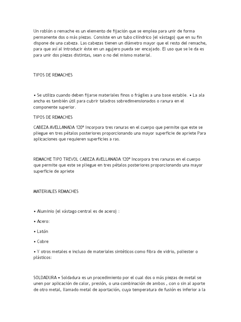 Un Roblón o Remache Es Un Elemento de Fijación Que Se Emplea para Unir ...