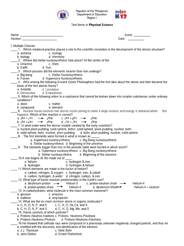 Physical Science Test Questions | Helium | Carbon | Free 30-day Trial ...