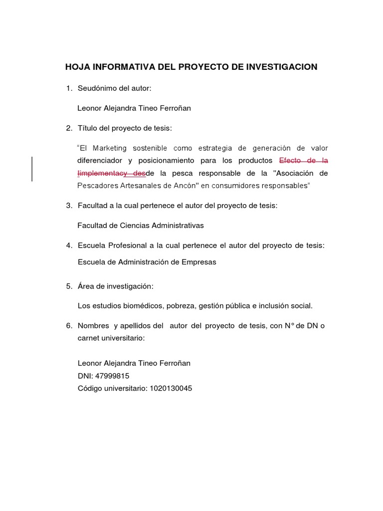 Hoja Informativa Del Proyecto de Investigacion