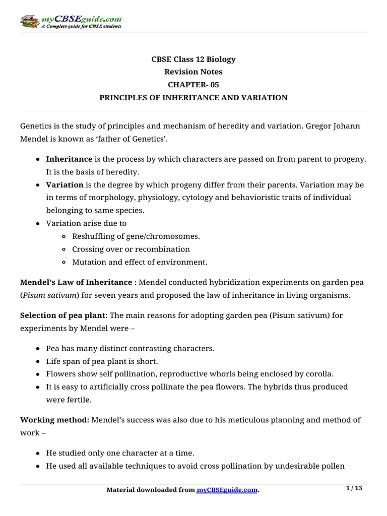 12 Biology Notes Ch05 Principals of Inheritance and Variation | PDF ...