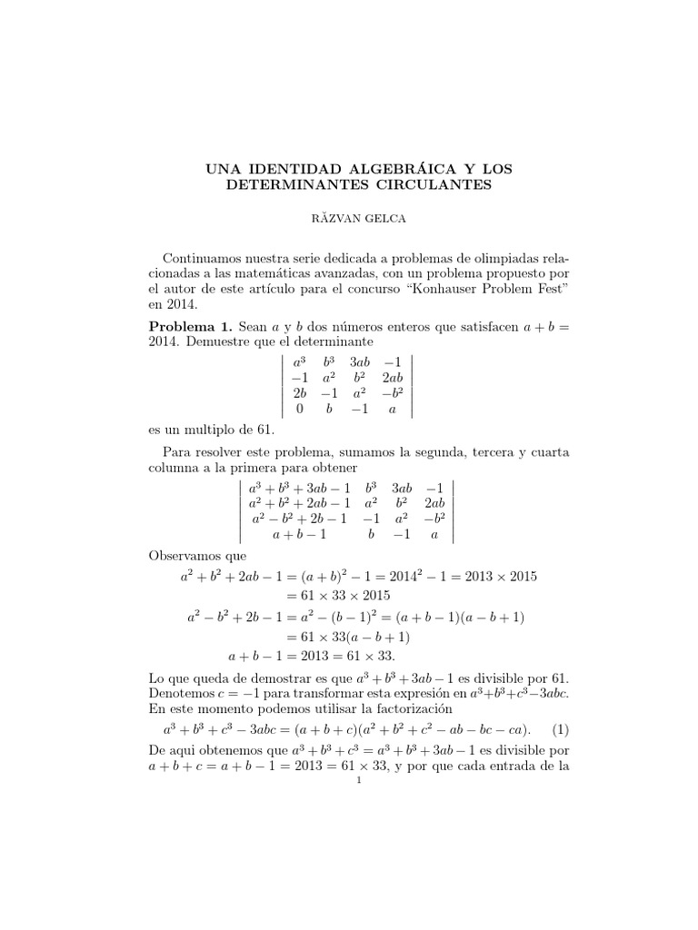 Una Identidad Algebraica y Los Determinantes Circulantes - Razvan Gelca ...