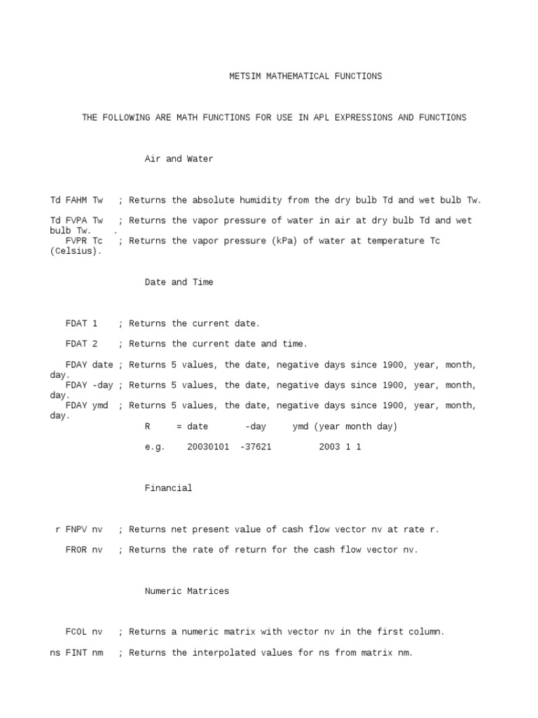 Metsim Mathematical Functions | Download Free PDF | Matrix (Mathematics) | Trigonometric Functions