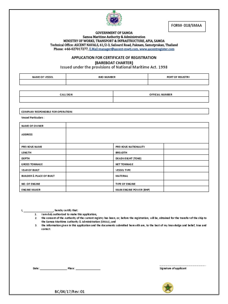 Bareboat Charter Registration Application | PDF | Tonnage | Boats