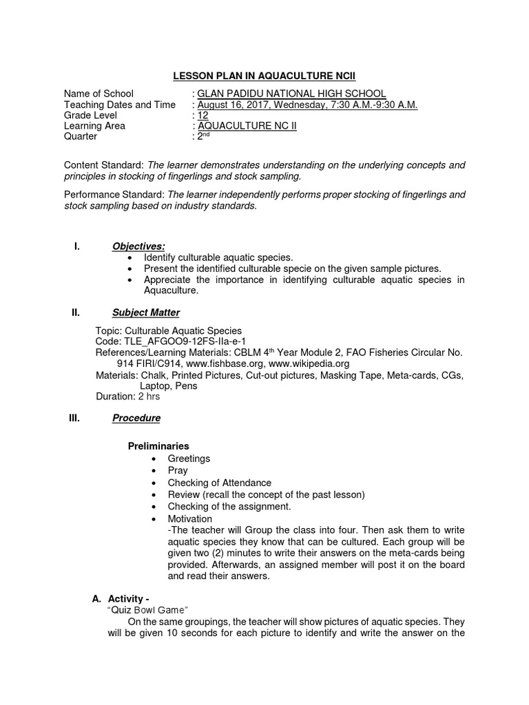 Lesson Plan in Aquaculture Ncii: Principles in Stocking of Fingerlings ...